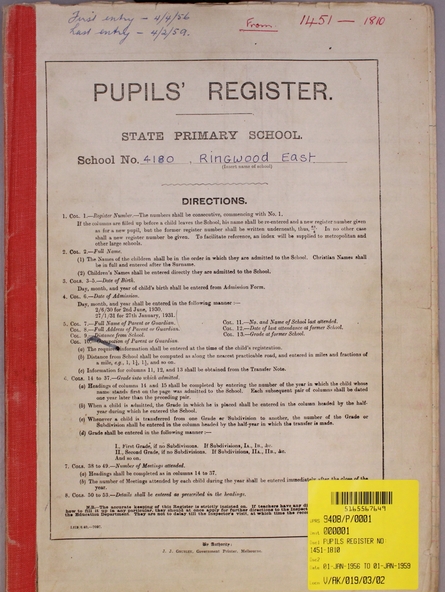 Administrative record, Ringwood East State School No 4180-Pupil ...