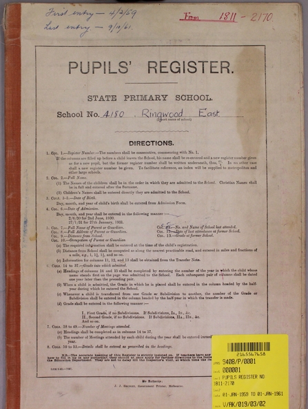 Administrative record, Ringwood East State School No 4180-Pupil ...