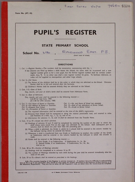 Administrative record, Ringwood East State School No 4180-Pupil ...