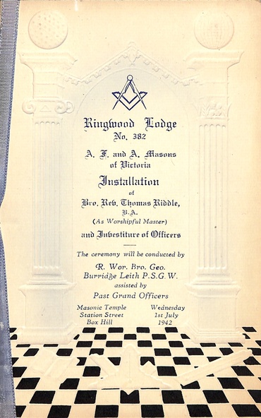 Programme, Ringwood Masonic Lodge No 382 - Installation of Bro. Rev ...