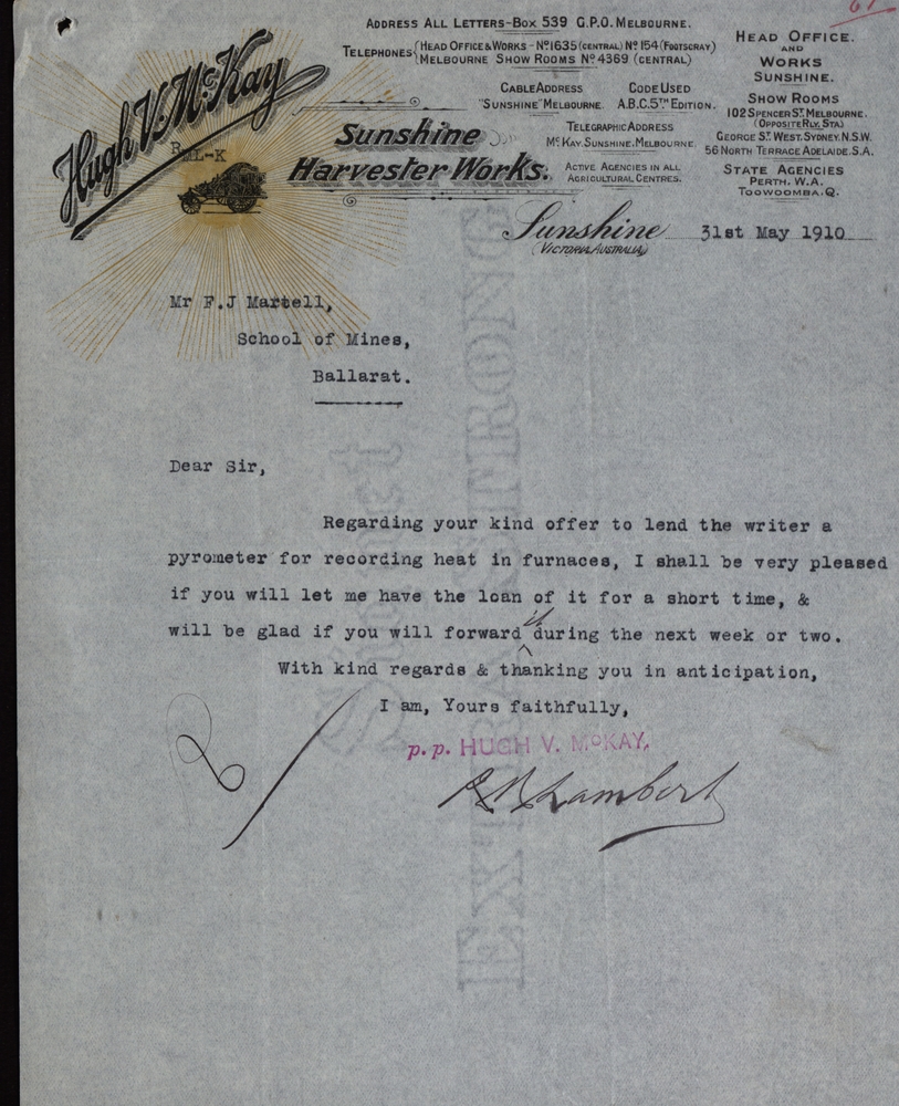 Letter Letter From Hugh V McKay Sunshine Harvester Works To F J