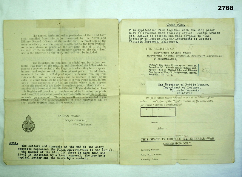 Administrative record - APPLICATION FORM, WAR GRAVES, Post WW1