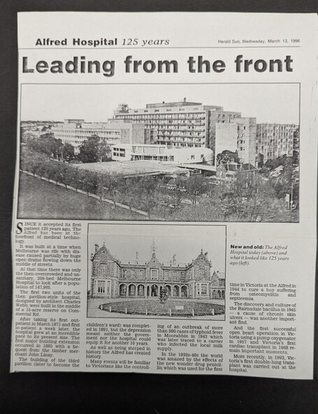 Newspaper - newspaper article (photocopy), Herald Sun, Alfred Hospital ...
