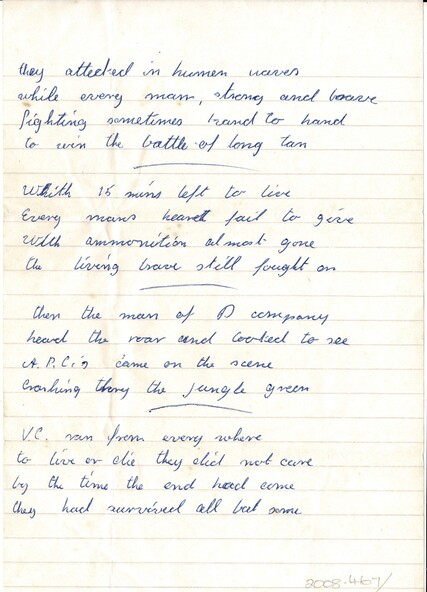 Literary Work, Poem written after the Battle of Long Tan ( no title shown)