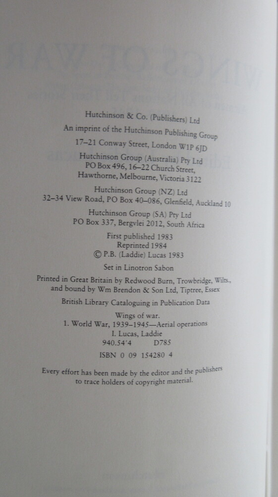 Book, Laddie Lucas, Wings of War, 1983