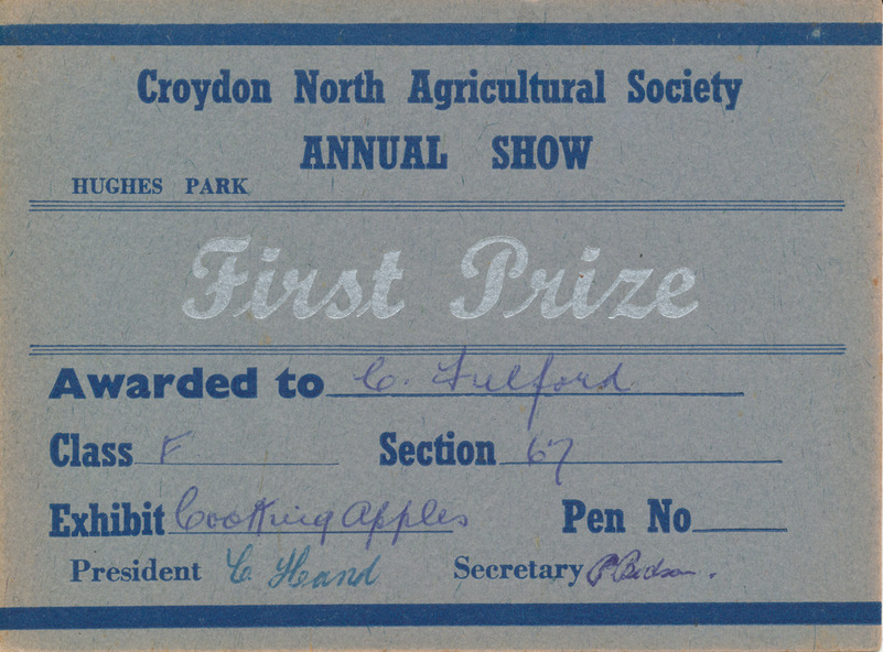 Card - Prize Certificate, Croydon North Agricultural Society Annual ...