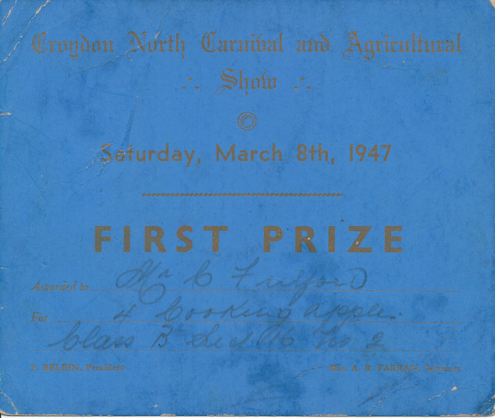 Card - Prize Certificate, Croydon North Carnival and Agricultural Show ...