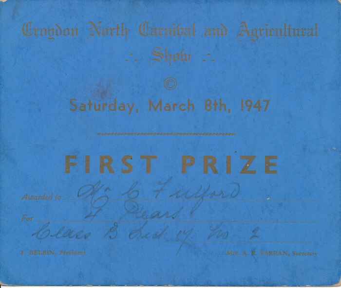 Card - Prize Certificate, Croydon North Carnival and Agricultural Show ...