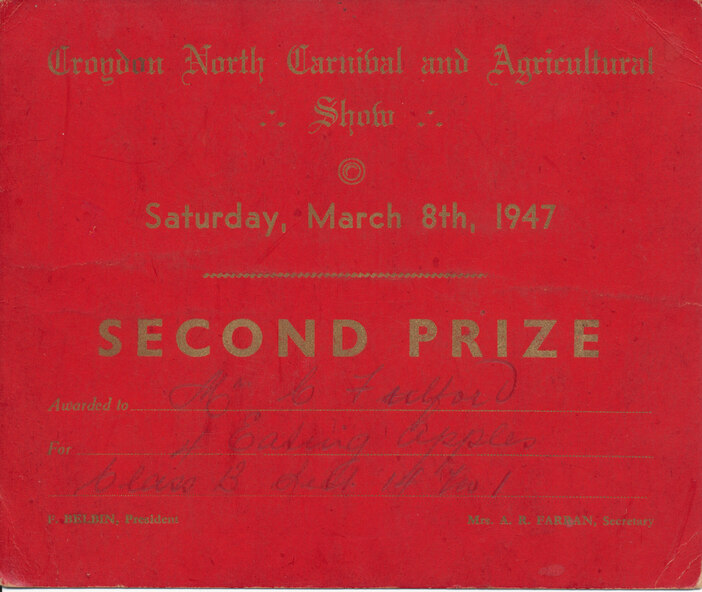 Card - Prize Certificate, Croydon North Carnival and Agricultural Show ...