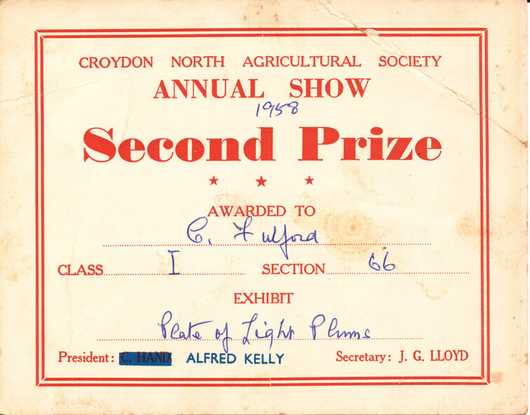 Card - Prize Certificate, Croydon North Agricultural Society Annual ...