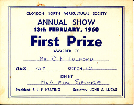 Card - Prize Certificate, Croydon North Agricultural Society Annual ...