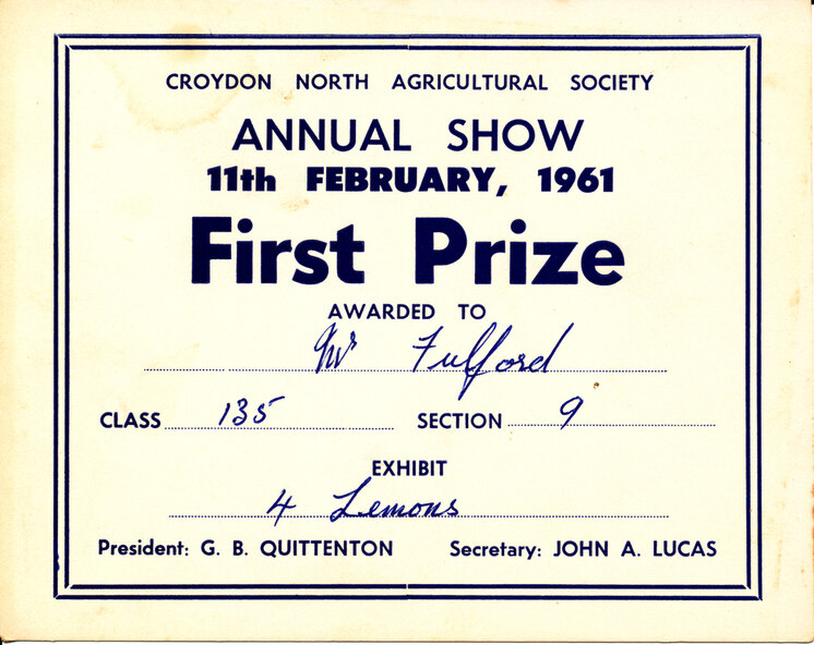 Card - Prize Certificate, Croydon North Agricultural Society Annual ...