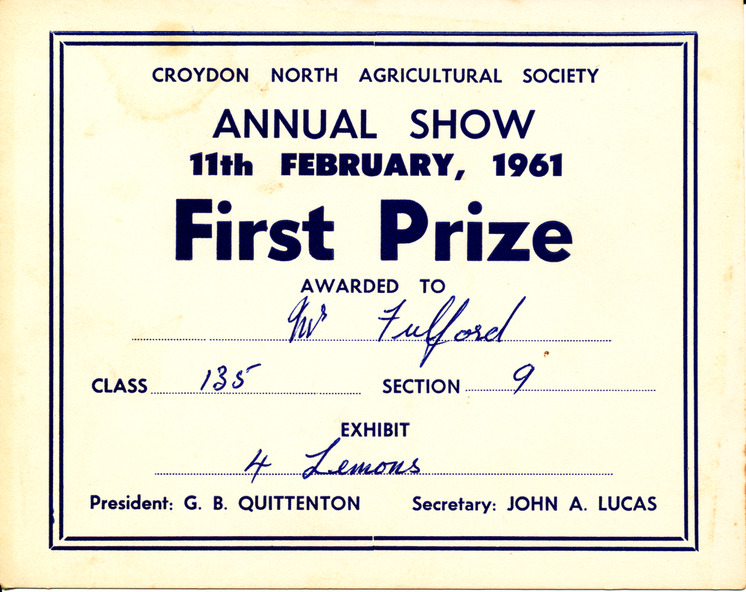 Card - Prize Certificate, Croydon North Agricultural Society Annual ...