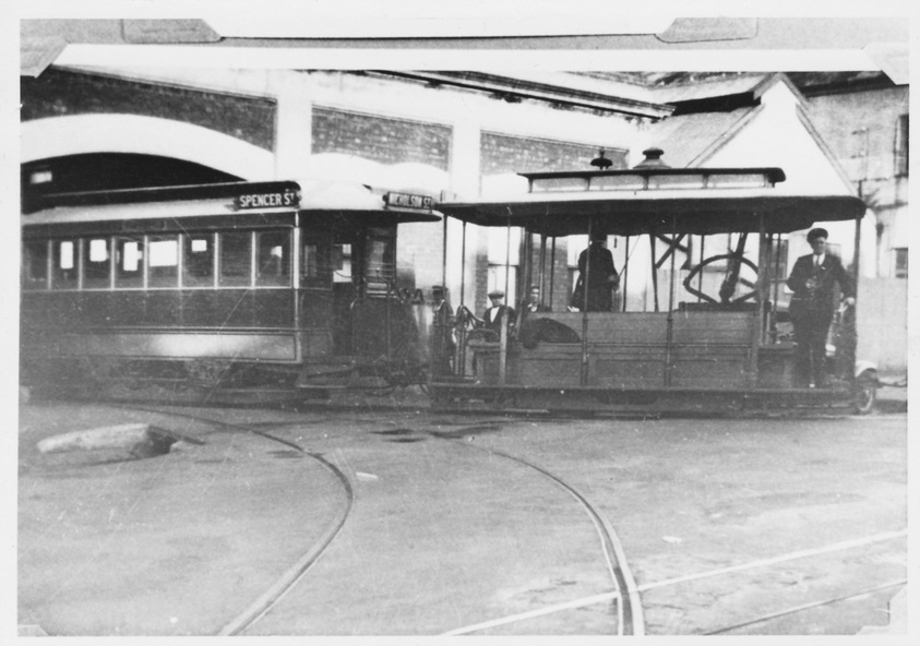 Photograph - Cable dummy and car towed from Nicholson St car house, c1930s